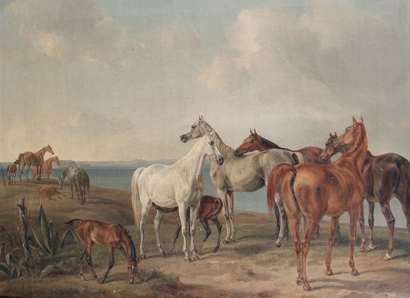 Bonhams : Circle of Albrecht Adam (German, 1786-1862) Horses on a cliff ...