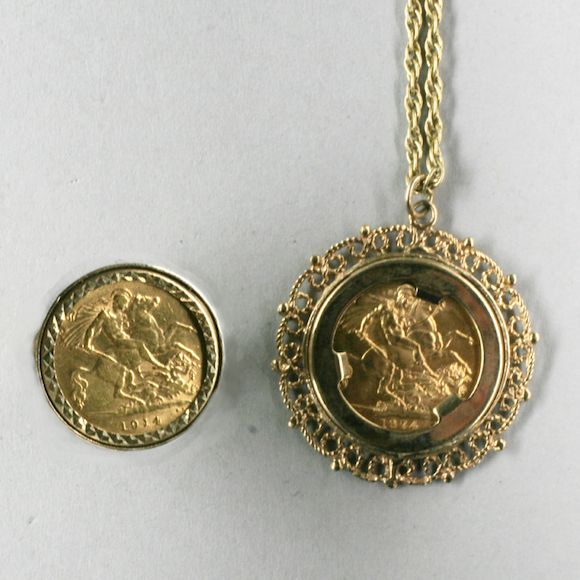 Bonhams : George V: A half sovereign, 1914, in ring mount; Elizabeth II ...