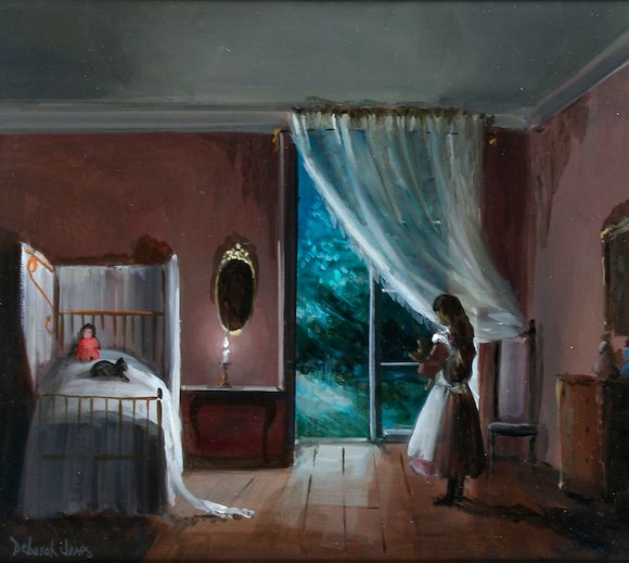 Bonhams : Deborah Jones (British, 1921) Bedroom interior with girl by a ...