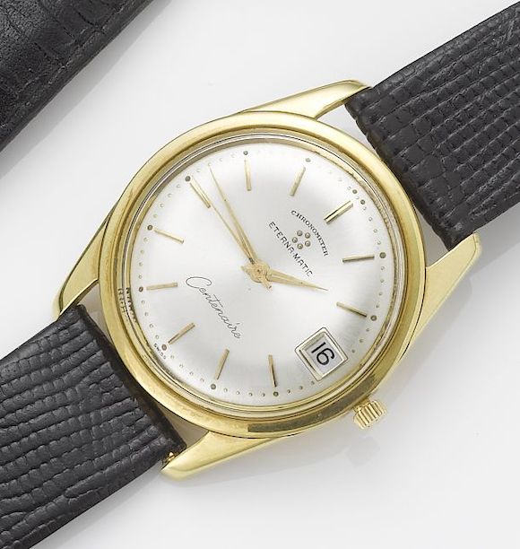 Bonhams : Eterna-Matic. An 18ct gold automatic centre seconds calendar ...