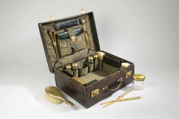 Bonhams : An Edwardian green leather travelling vanity case, with ...