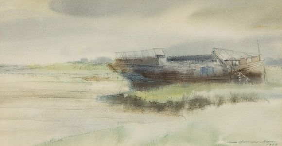 Bonhams : Ian Armour-Chelu (British, Contemporary) Beached houseboat at ...