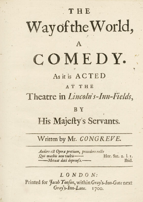Bonhams : CONGREVE (WILLIAM) The Way of the World, a Comedy. As it is Acted at the Theatre in ...