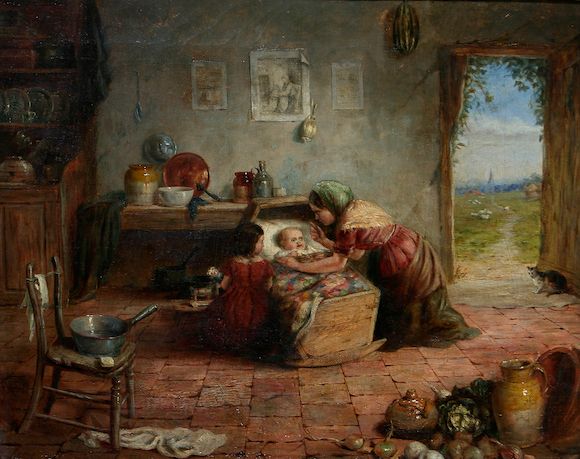 Bonhams : Circle of Frederick Daniel Hardy (British, 1826-1911) Mother, daughter and baby in a ...