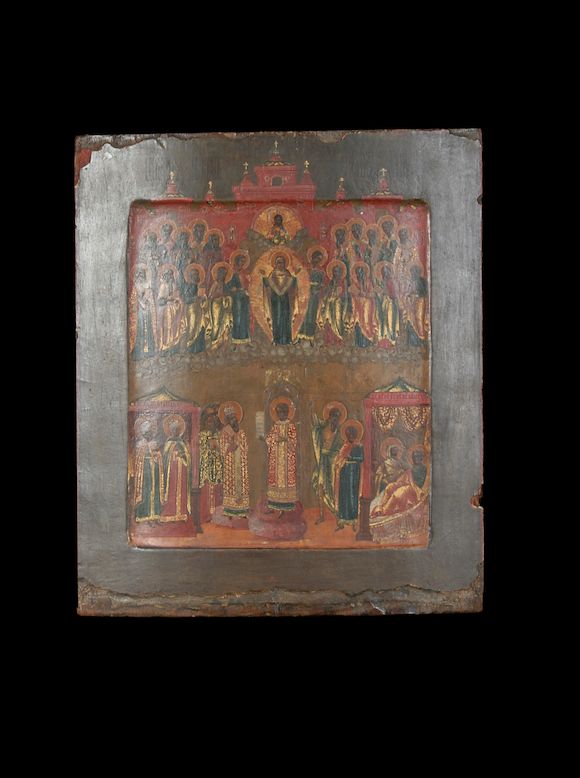 Bonhams : A 19th century polychrome and gilt decorated icon of Pokrova