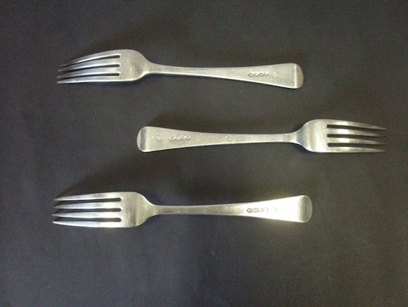 Bonhams : Fifteen George III silver Old English pattern table forks, by ...