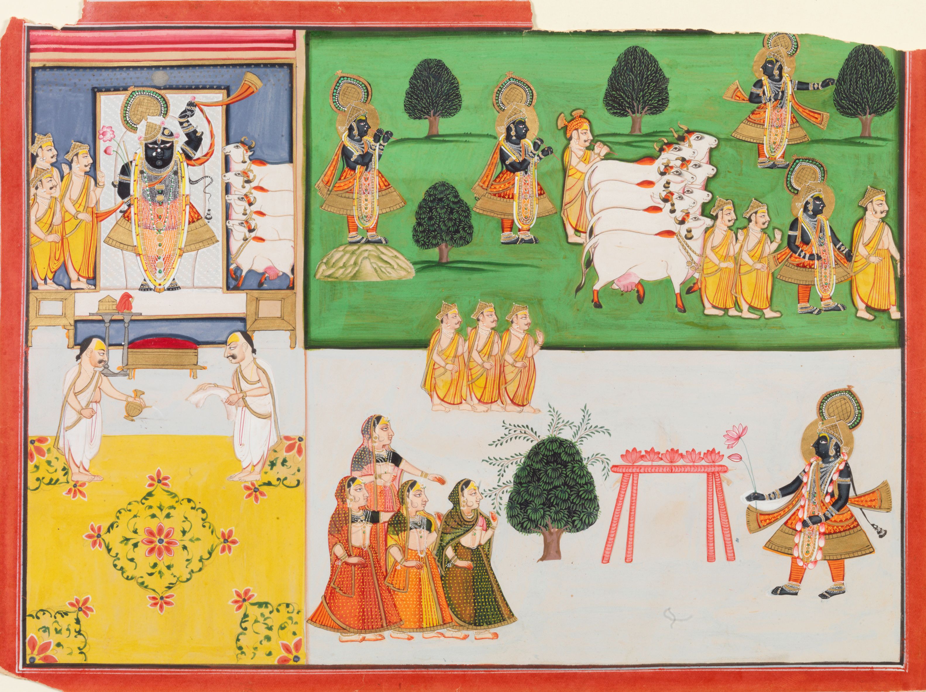 Sri Nath-Ji worshipped by a devotee in a temple alcove Nathdwara, circa ...