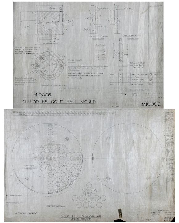 Bonhams : Two original Dunlop technical golf ball drawings on waxed paper