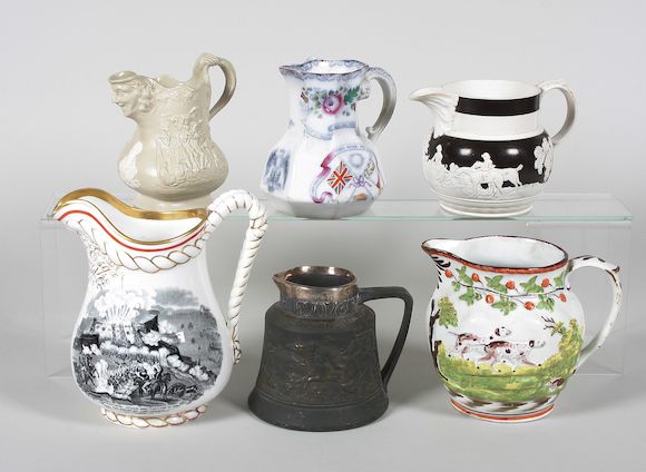 Bonhams : Two earthenware Crimean War jugs, a Machin & Potts relief jug ...