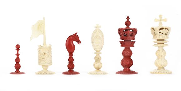 Bonhams : A "Burmese Pattern" ivory bust chess set, Macao, circa 1820,