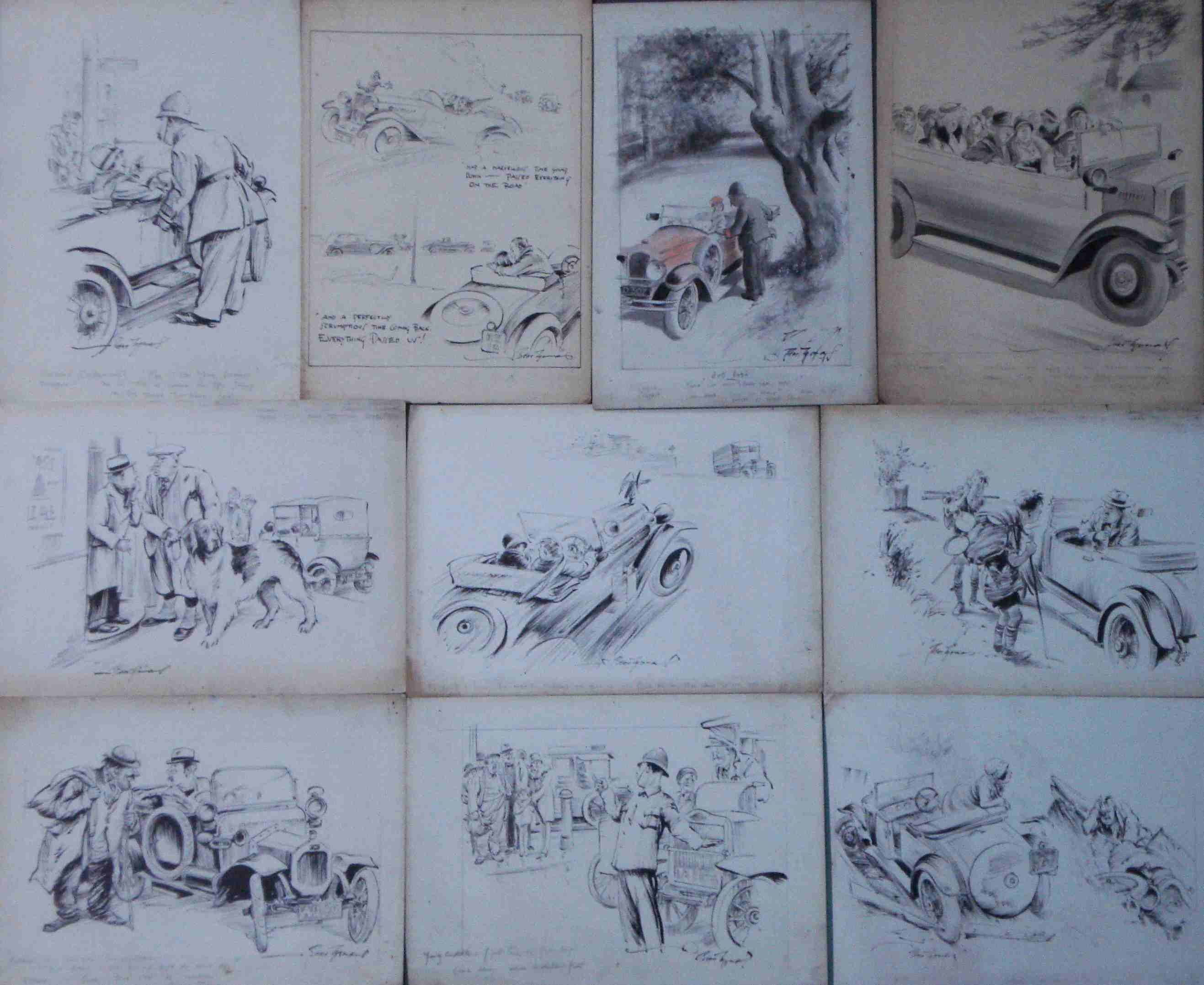 Bonhams Cars : Bert Thomas MBE (1883-1966), ten assorted motoring cartoons,