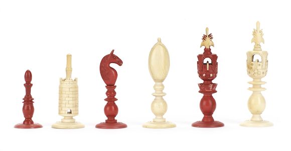 Bonhams : An ivory chess set, India, circa 1850,