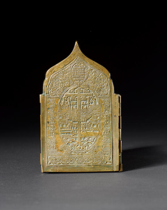 Bonhams : Russian, late 18th / early 19th century A brass travelling triptych icon