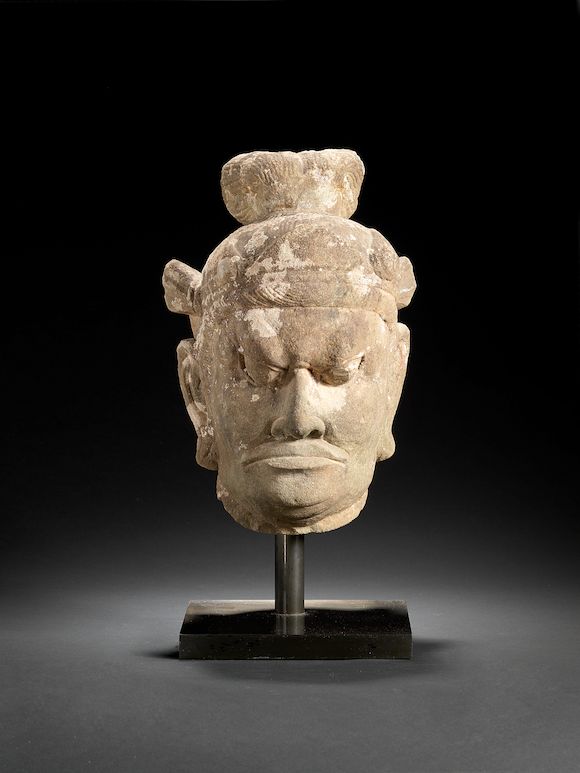 Bonhams : A carved stone head of a Lokapala Five Dynasties