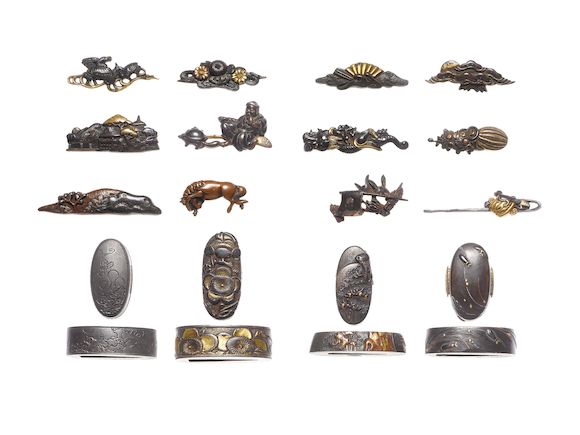 Bonhams : Five shibuichi fuchi-kashira, twenty-eight unmatched menuki ...