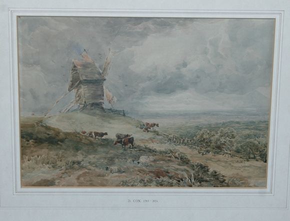Bonhams : Manner of David Cox Landscape with windmill and cattle 24 x 33cm.