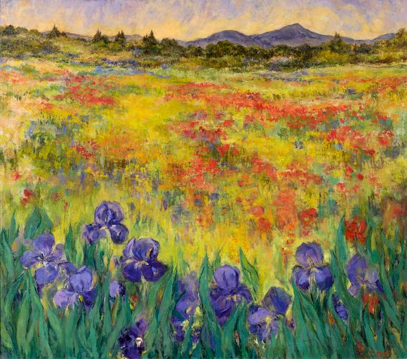 Bonhams : Clio Natsi (Greek, born 1929) Field with poppies and iris ...