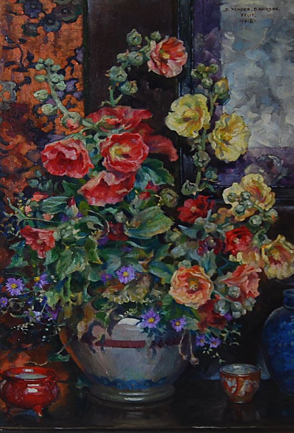 Bonhams : Daniel Pender Davidson (British, 1885-1933) Hollyhocks in a Jar,