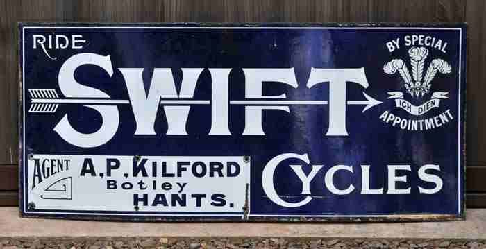 Bonhams Cars : A 'Ride Swift Cycles' enamel sign, c1910,