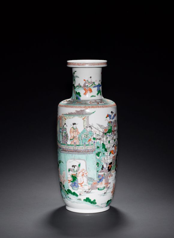 Bonhams : A famille verte vase of rouleau form Qing Dynasty