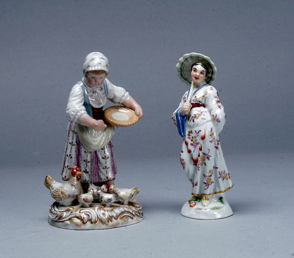 Bonhams : A Meissen figure of a girl feeding hens 20th century,