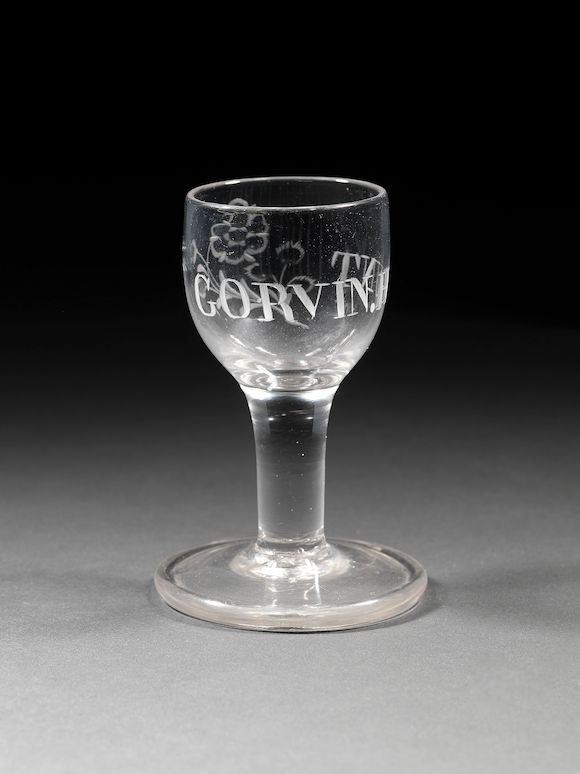 Bonhams : A rare engraved 'Gorvin Hunt' plain stem dram glass Circa 1760.