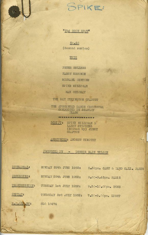 Bonhams : Spike Milligan's script for 'The Goon Show', dated 29th June ...