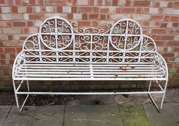 Bonhams : A white painted wrought iron garden bench, 20th century
