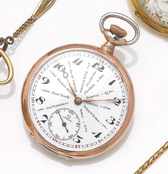 Bonhams : Omega. A silver open face world time pocket watch1920's