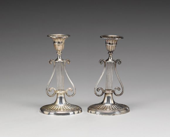 Bonhams : A pair of Victorian Scottish silver lyre candlesticks, by ...