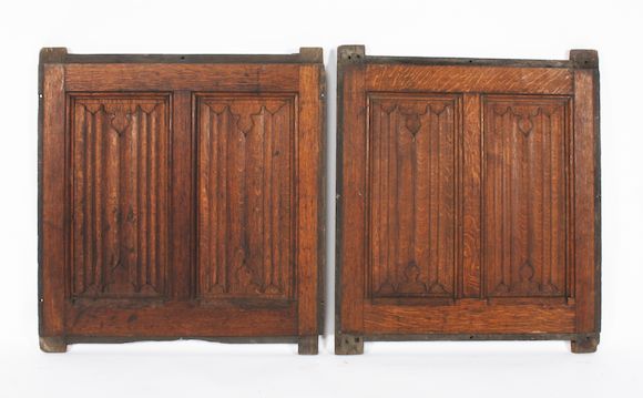 Bonhams : A pair of Gothic Revival linenfold carved oak twin panels
