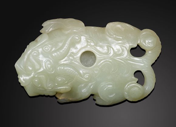 Bonhams : A pale green jade water pot in the form of a mythical beast ...