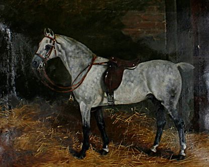 Bonhams : Arthur Batt (British, 1846-1911) Potrait of a grey in a stable
