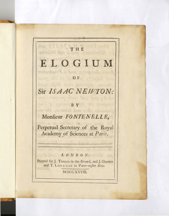 Bonhams : FONTENELLE (BERNARD LE BOVIER DE) The Elogium of Sir Isaac ...