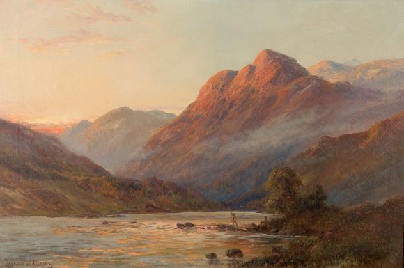 Bonhams : Graham Williams (Scottish) Fishermen in a highland landscape
