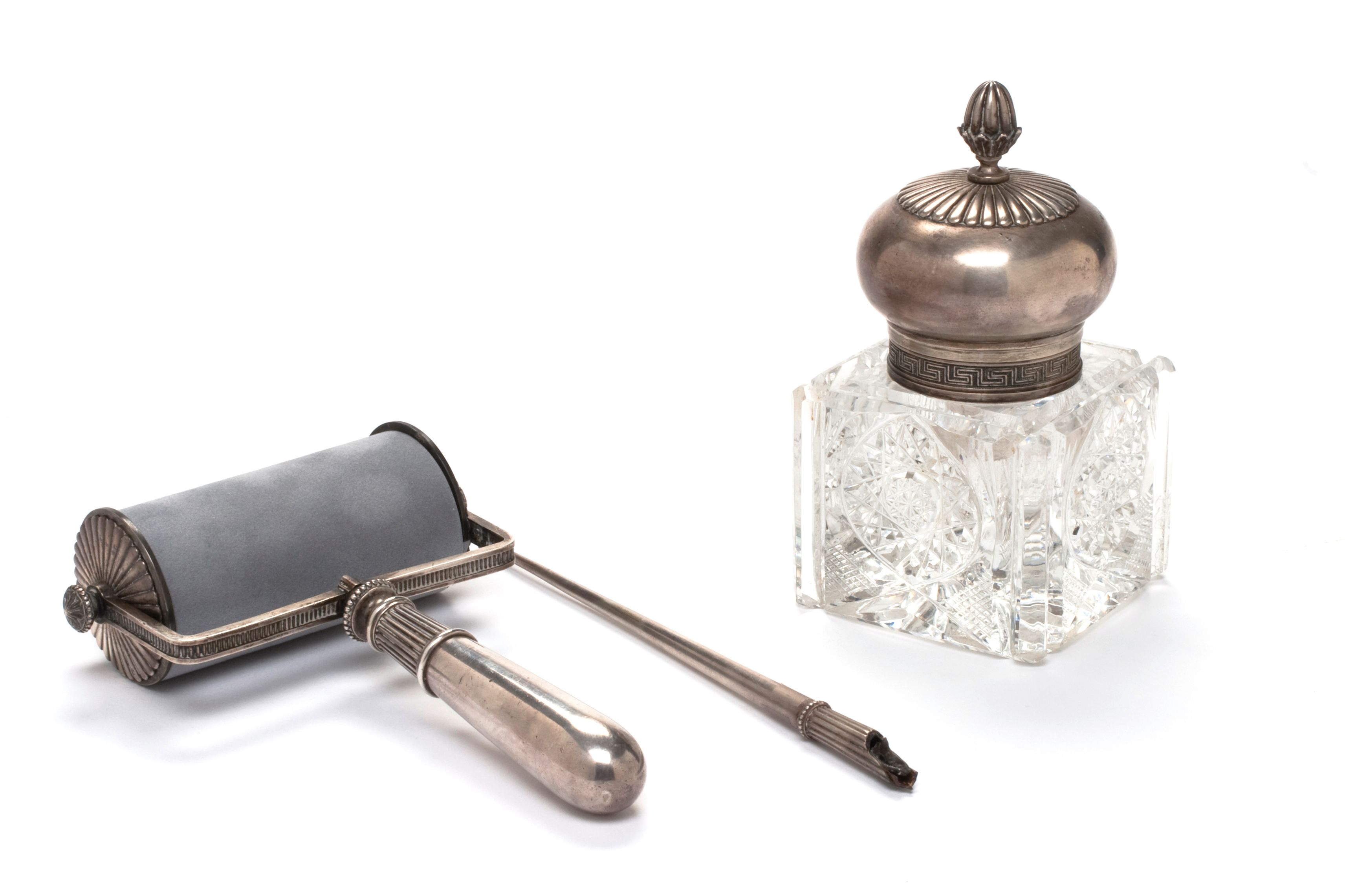 Bonhams : A Russian silvergilt and cut-glass inkwell with matching ...