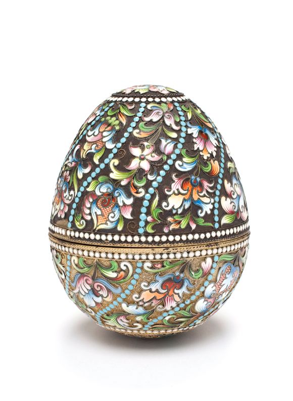Bonhams : A silver-gilt and cloisonné enamel Easter eggbears mark of ...