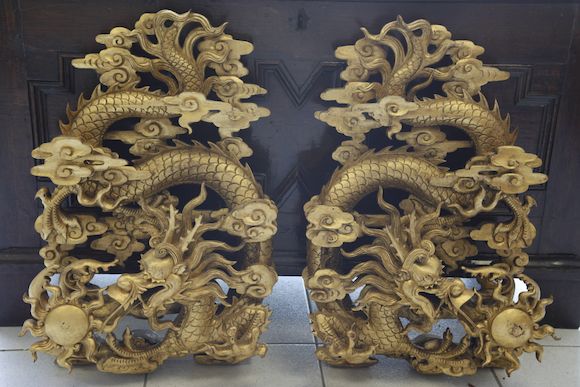 Bonhams : A pair of 20th century Chinese wall mounted gilt wood dragon ...