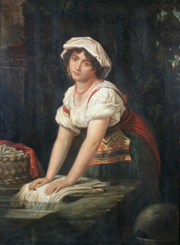 Bonhams : Italian School circa 1880 Neapolitan maid washing at a fountain,