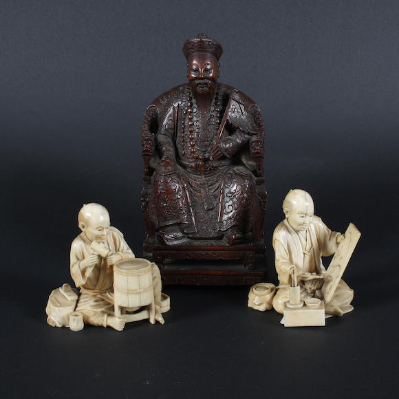 Bonhams Two Japanese Carved Ivory Figures And A Carved Hardwood