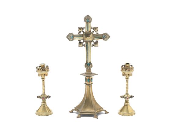 Bonhams : British a brass and enamelled copper altar cross, circa 1850