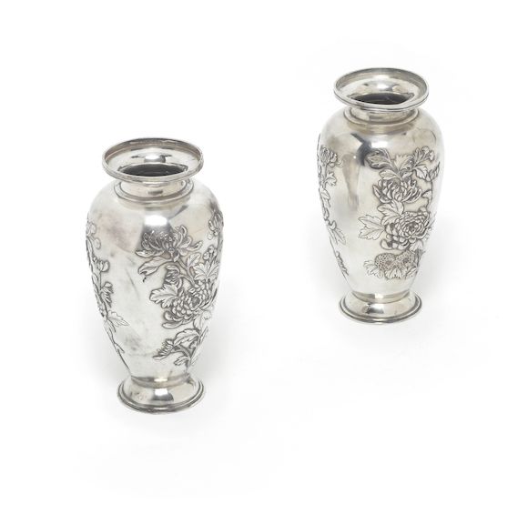 Bonhams : A pair of Chinese Export silver vases, by Wang Hing, (4)