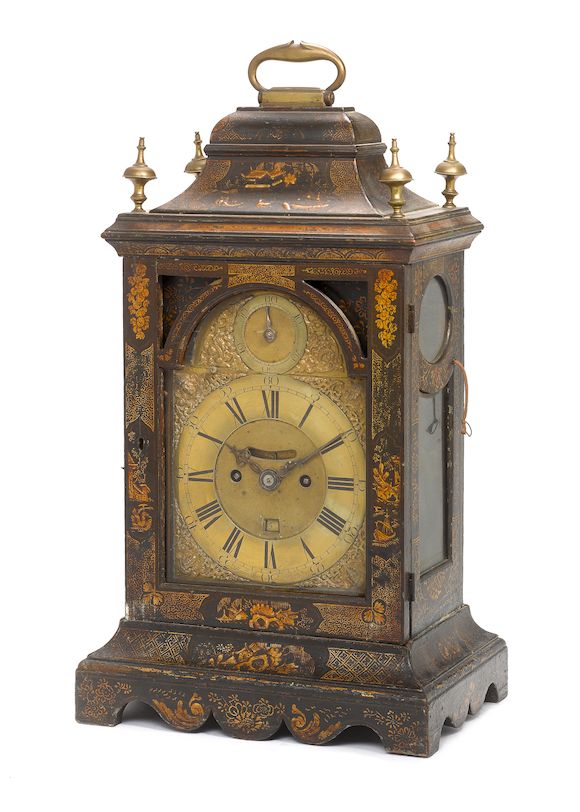 Bonhams : A mid 18th century chinoiserie decorated lacquered bracket clock Marmaduke Storr, London