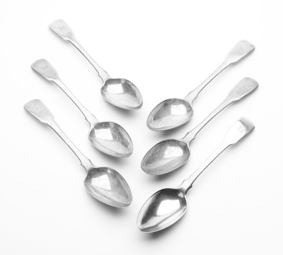 Bonhams : A set of six fiddle pattern dessert spoons, By WHT ...