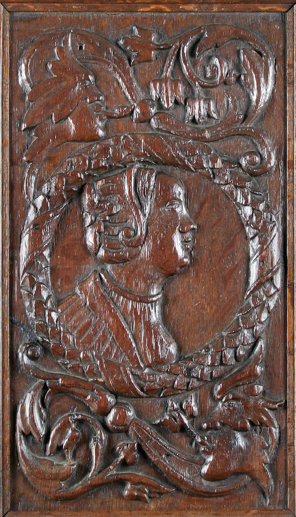 Bonhams : A 16th Century carved oak 'Romayne' panel Modelled with a ...