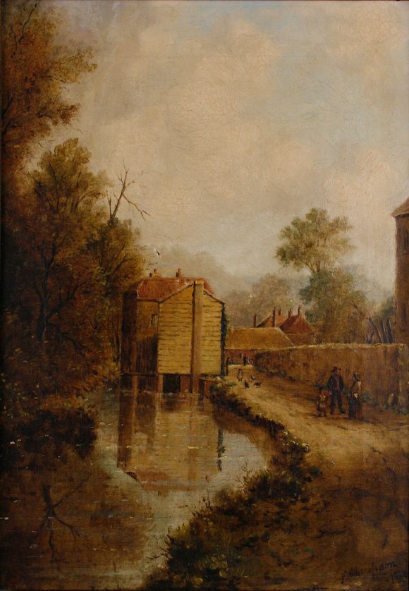 Bonhams : R. Witherspoon (British) Peasants on a path beside a river, a mill beyond