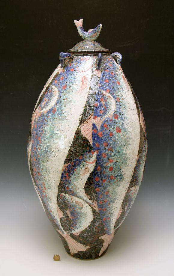 Bonhams : Roger Cockram 'Leaping the Falls' a large stoneware Lidded ...