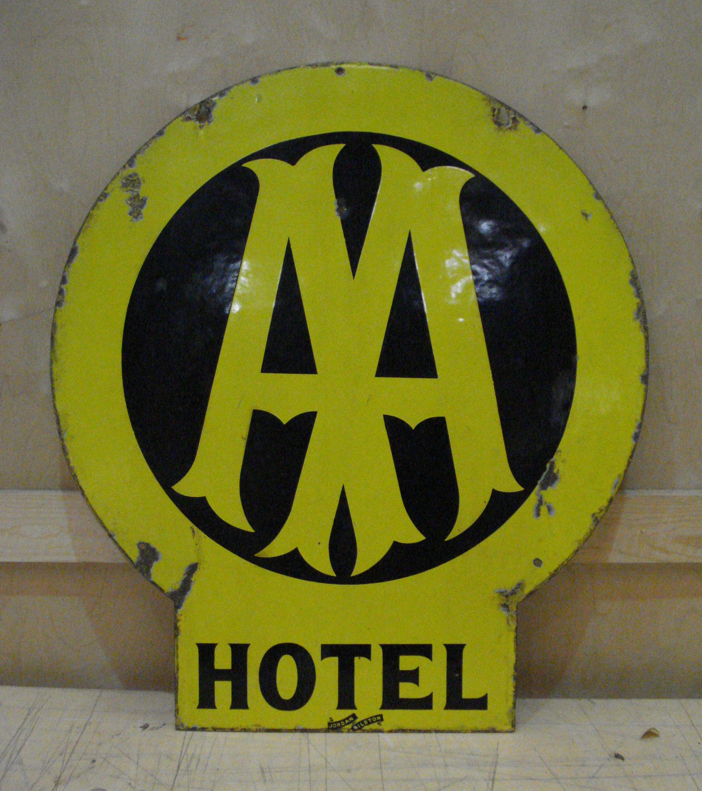 Bonhams Cars : An 'AA Hotel' double-sided shaped enamel sign, Edwardian,