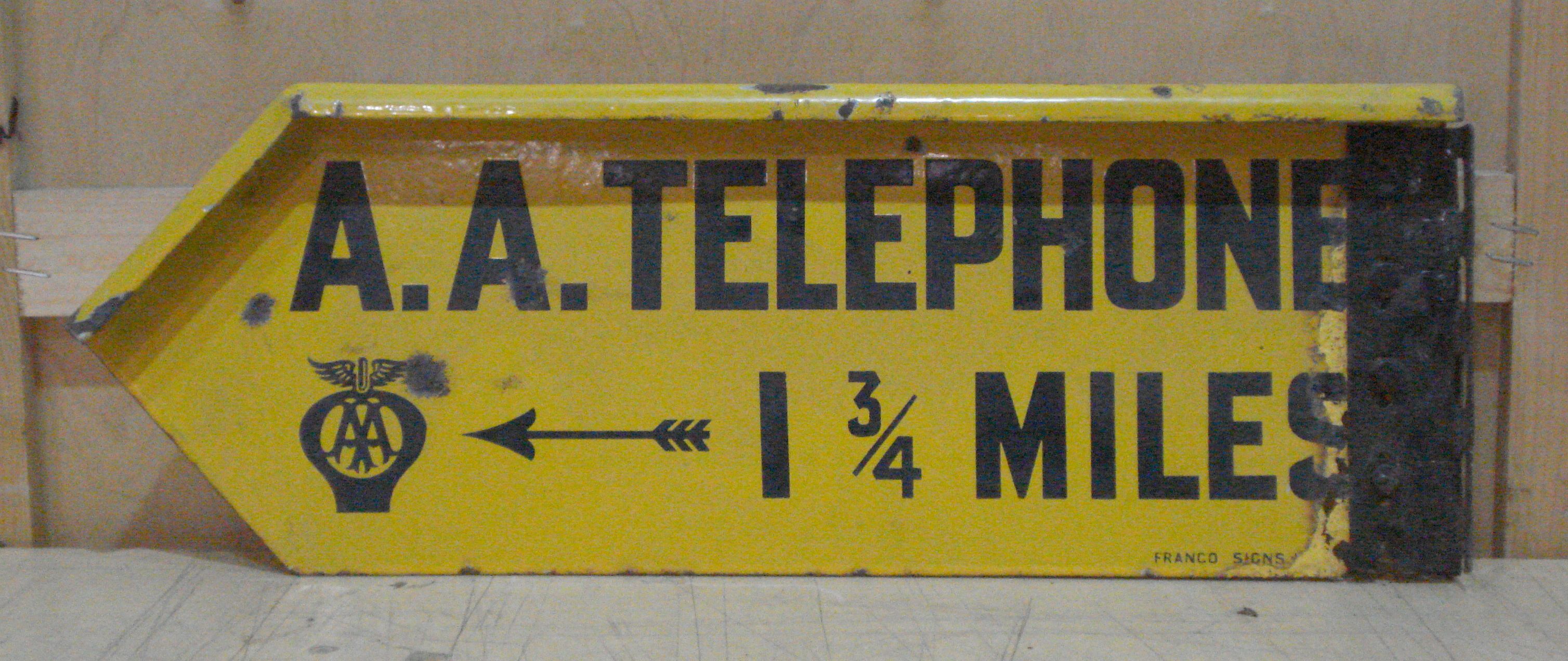 Bonhams Cars : An 'AA Telephone 1¾ Miles' directional enamel sign,