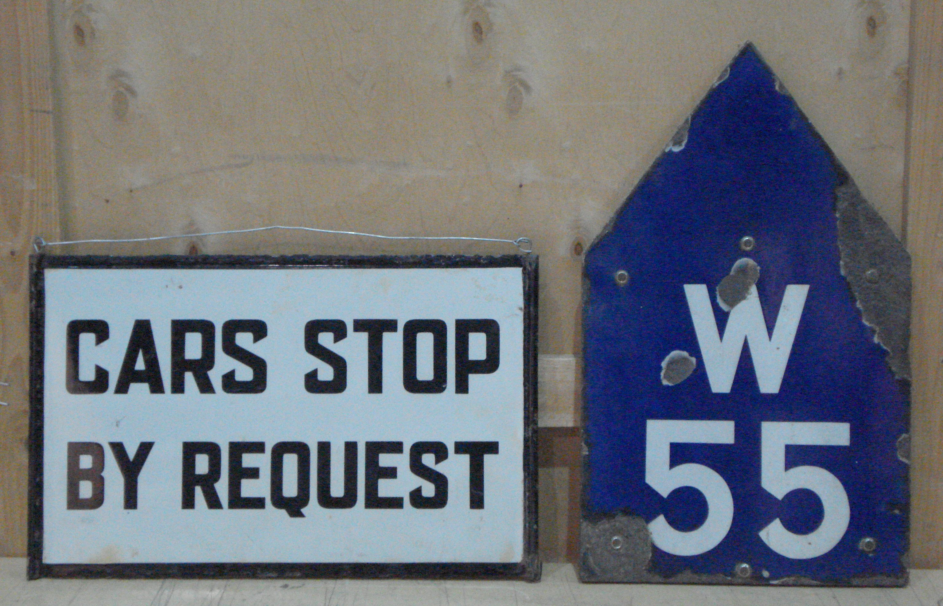 Bonhams Cars : A 'Cars Stop By Request' double-sided enamel sign,